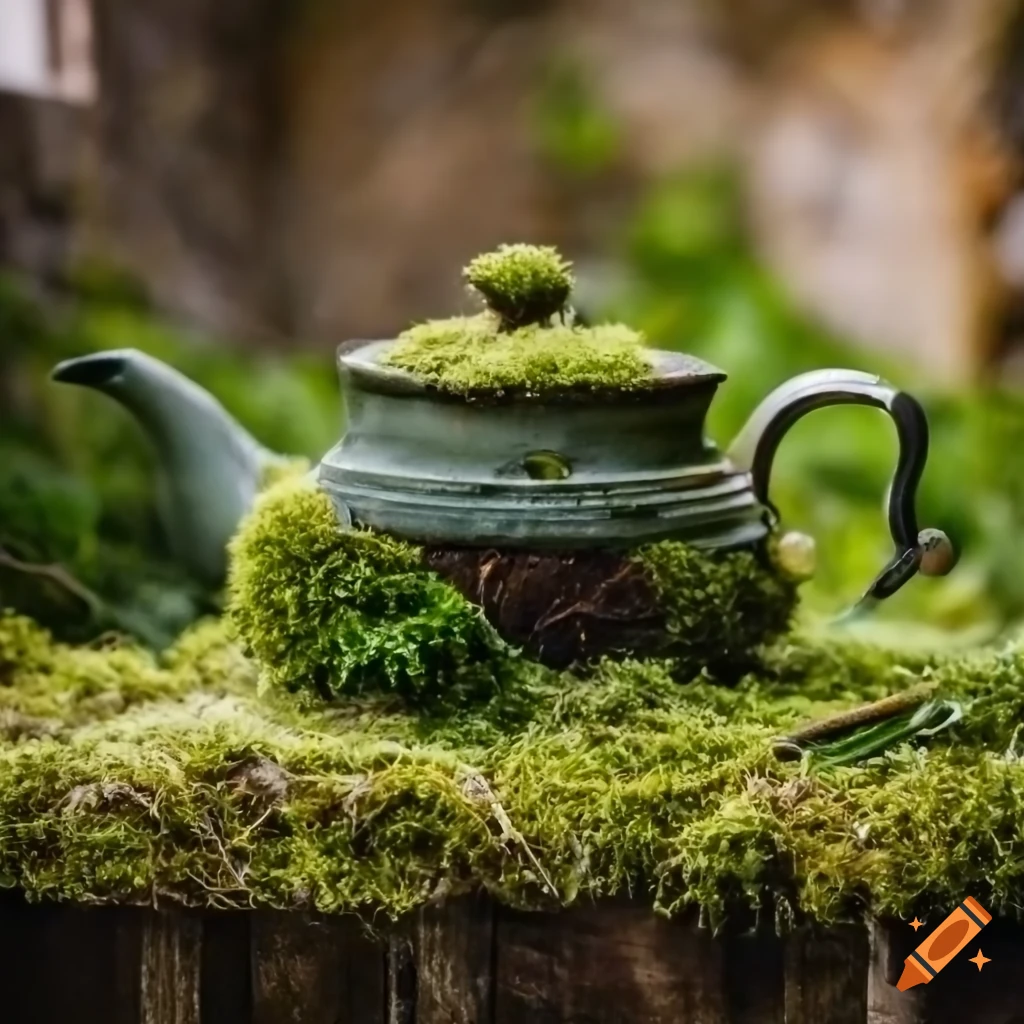 Mossy broken teapot on a wooden table in a hobbit kitchen filled with ...