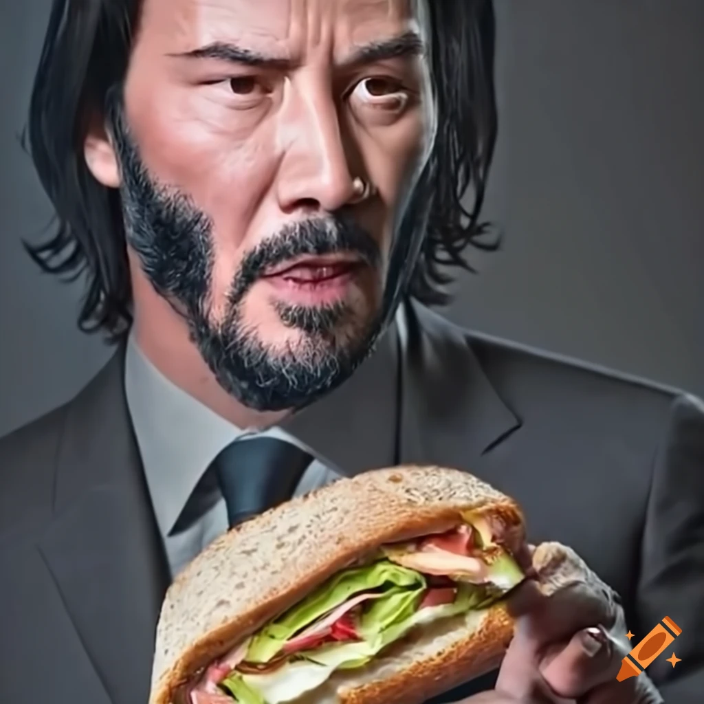 Keanu Reeves as movie character John Wick enjoying a large sandwich in portrait style on Craiyon