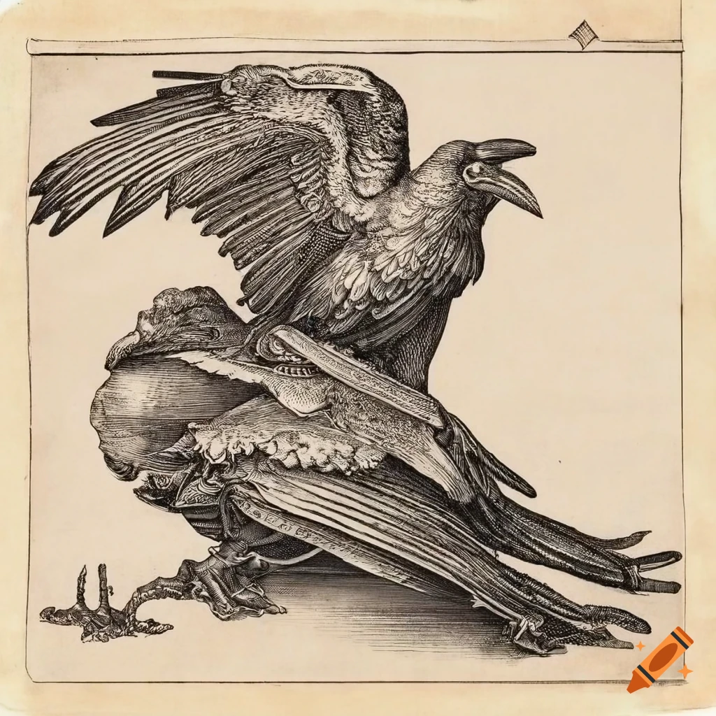 Fierce raven with weapons in engraving style inspired by Albrecht Durer ...