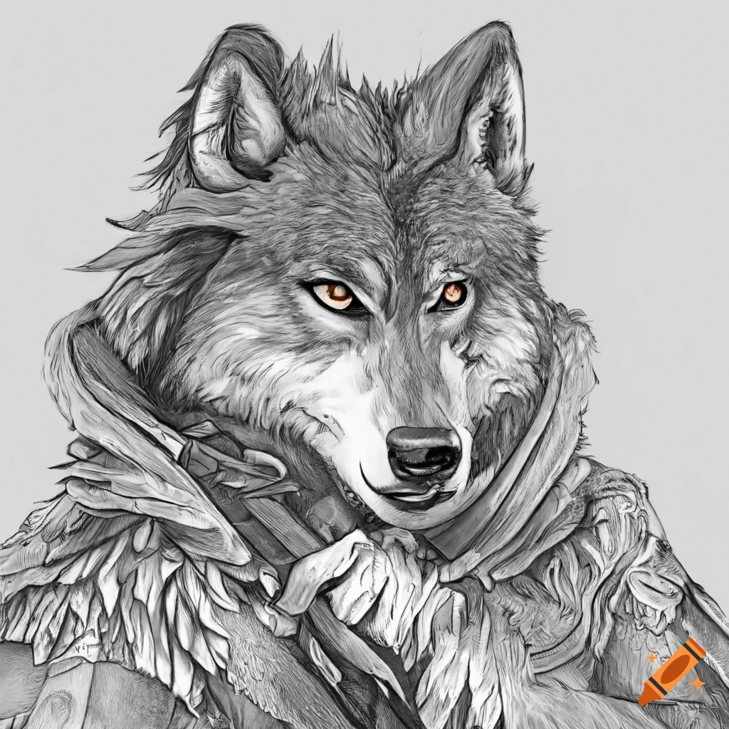 Intricately detailed drawing of a wolf-human hybrid hunter with a bow ...