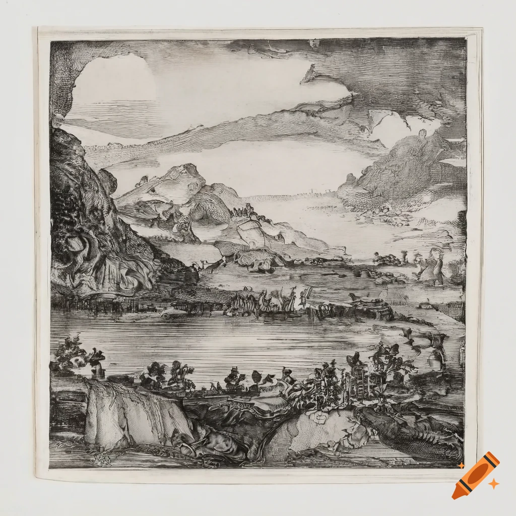 Two horizontal black and white etchings by Albrecht Durer: wilderness ...