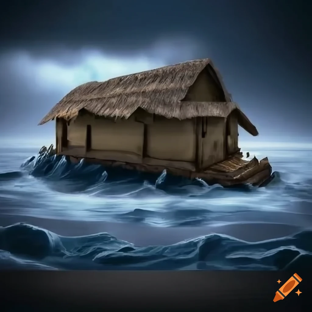 Prehistoric ark on stormy sea with towering waves and dark clouds on ...