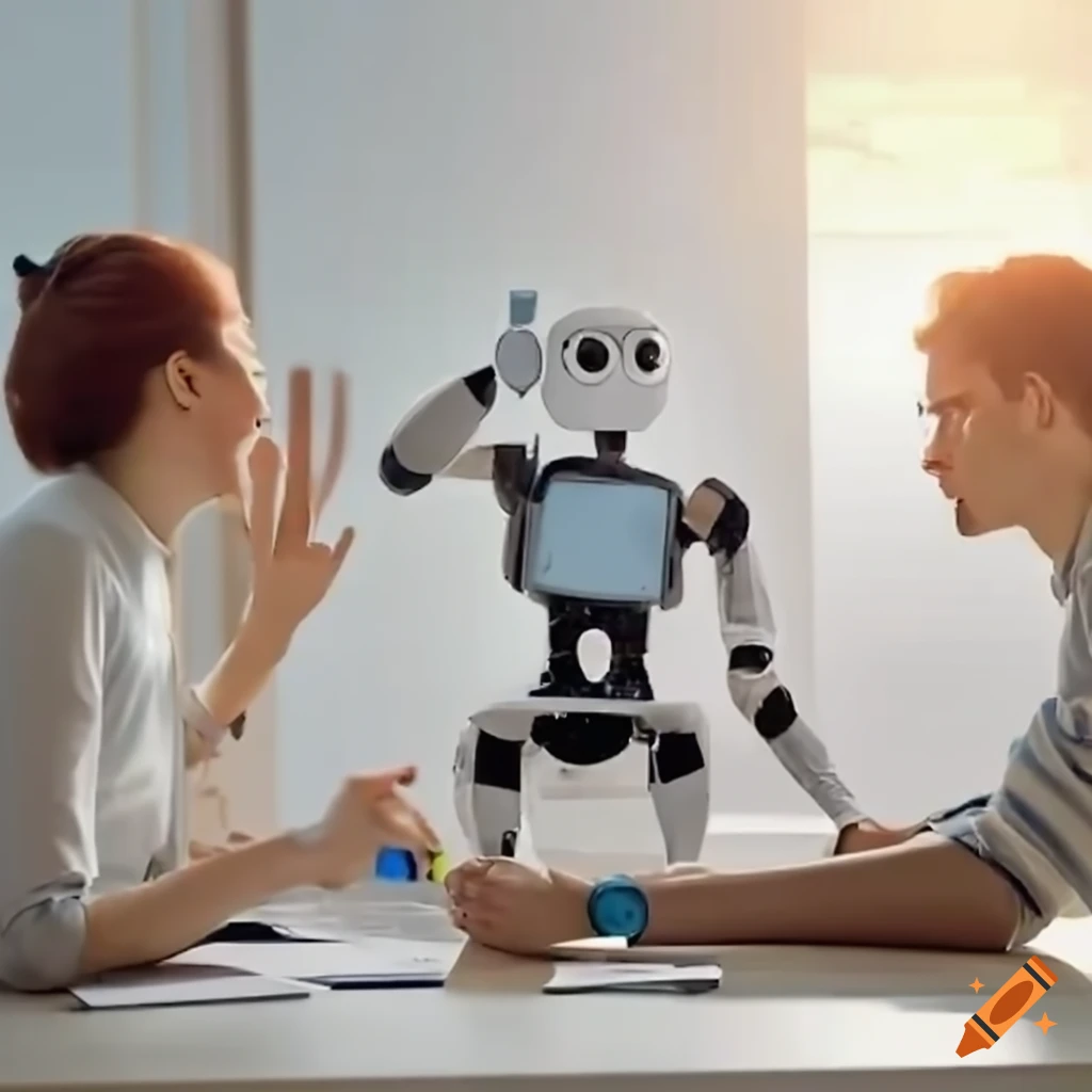 Team meeting with employees and a robot in a sunny meeting room on Craiyon