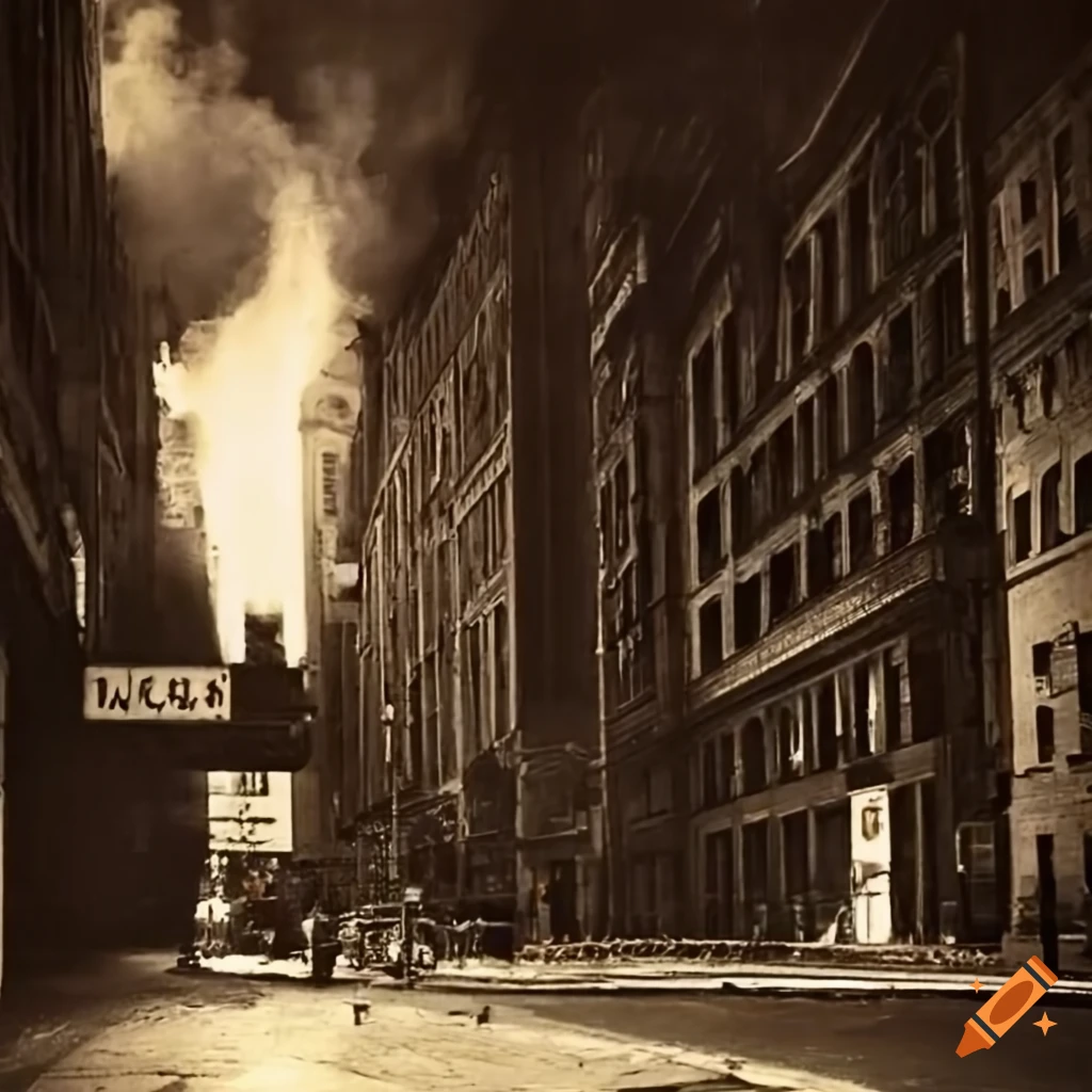Vintage 1920's American city street on fire on Craiyon
