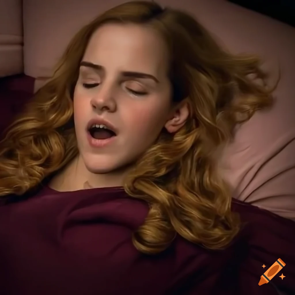 Surprised hermione lying in bed with eyes closed and covers pulled down on Craiyon