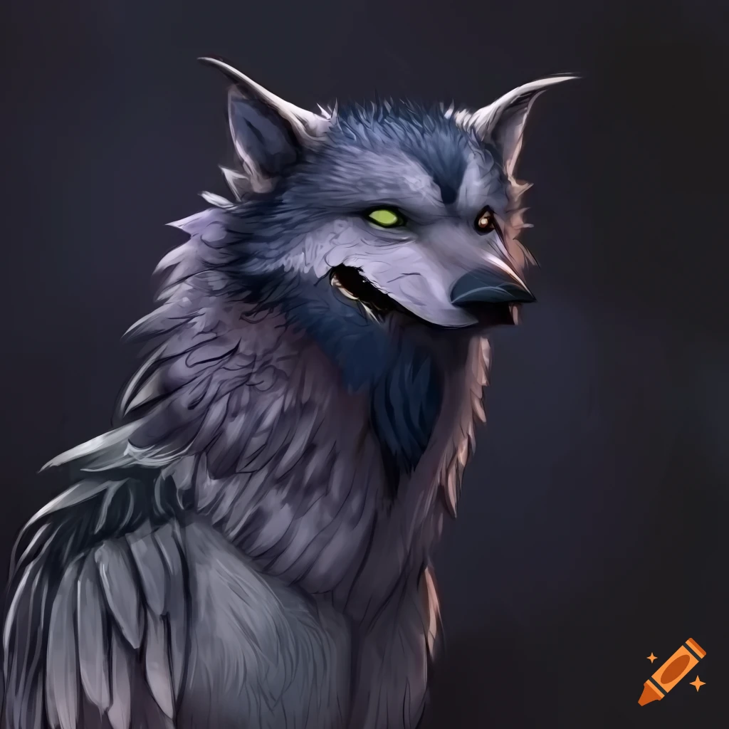 Hybrid crow-wolf with black feathers and pointy beak on Craiyon