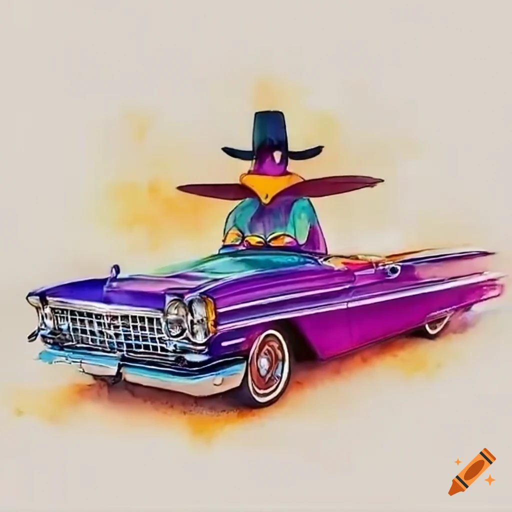 Darkwing duck in a classic chevy impala driver's seat on Craiyon