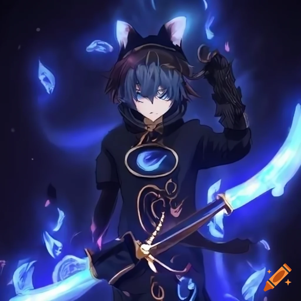 Anime character with black and navy blue fire-like hair, wielding a ...