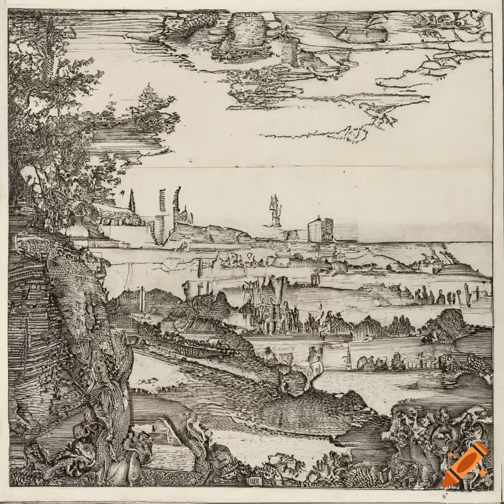 Intricate black and white etching of a distant city in the desert ...