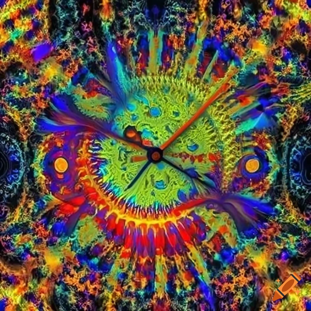 Aggressive sharp yellow psychedelic fractal clock on Craiyon