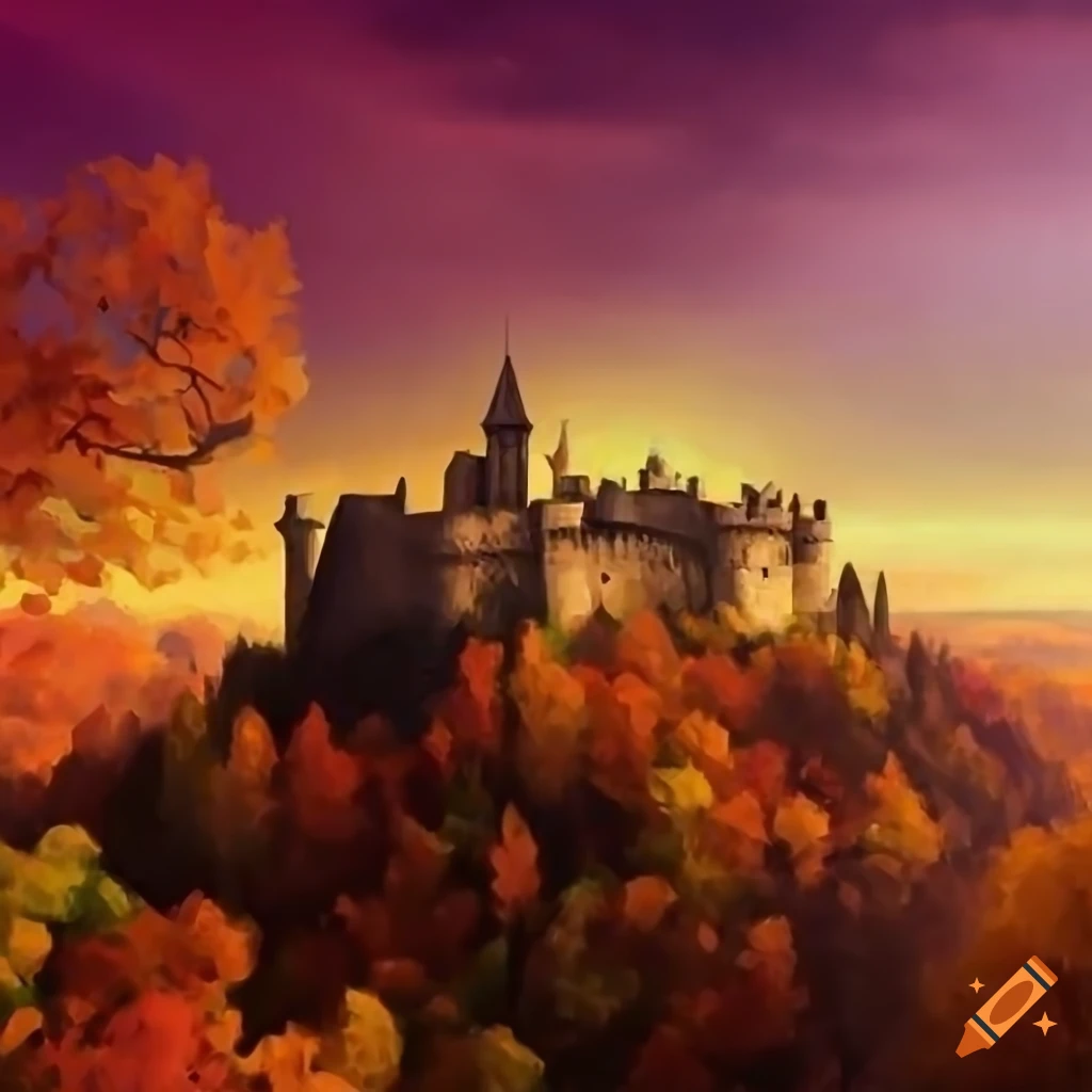 Medieval castle on mountain surrounded by autumnal foliage in rich oil ...