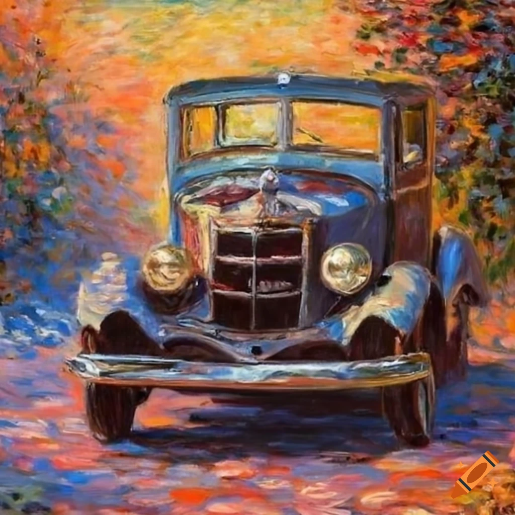 Vintage car in the style of Claude Monet's painting on Craiyon