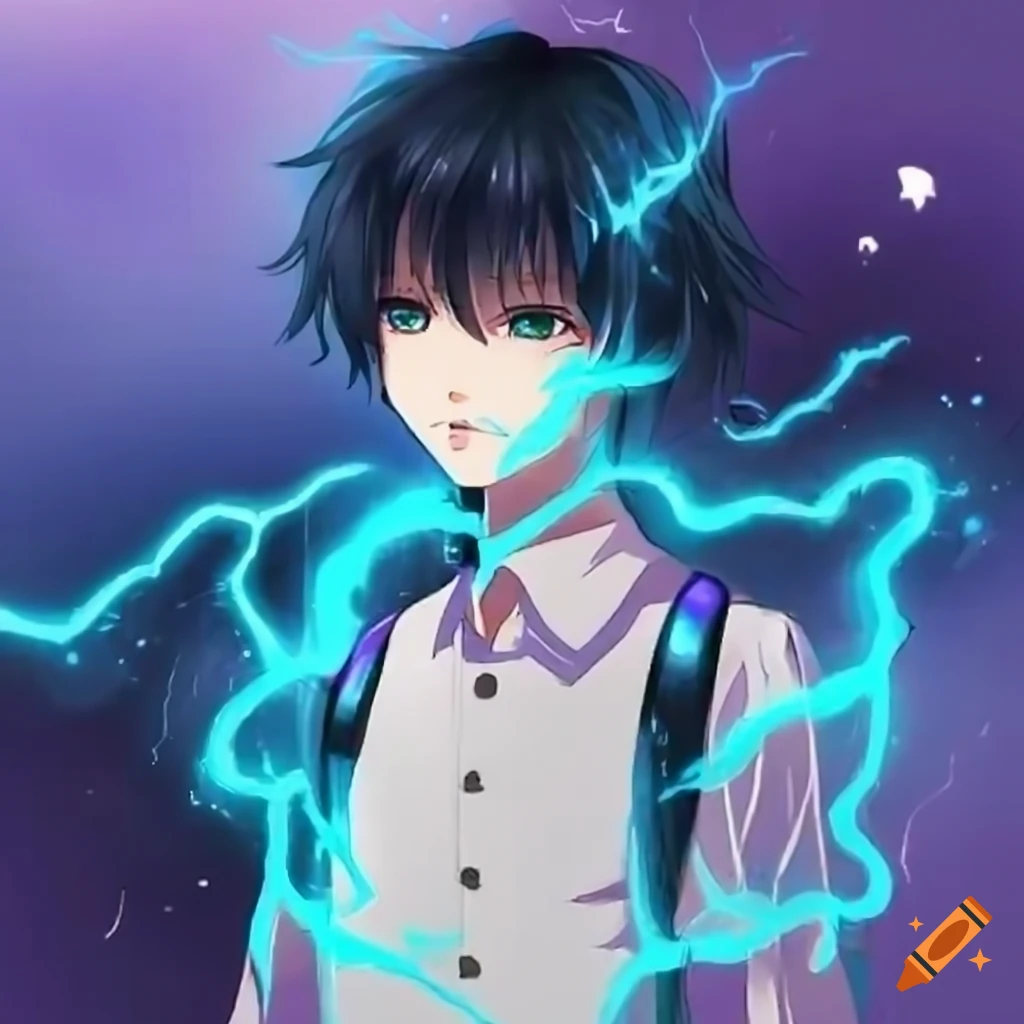 Anime style boy with blue aura and lightning aura on Craiyon