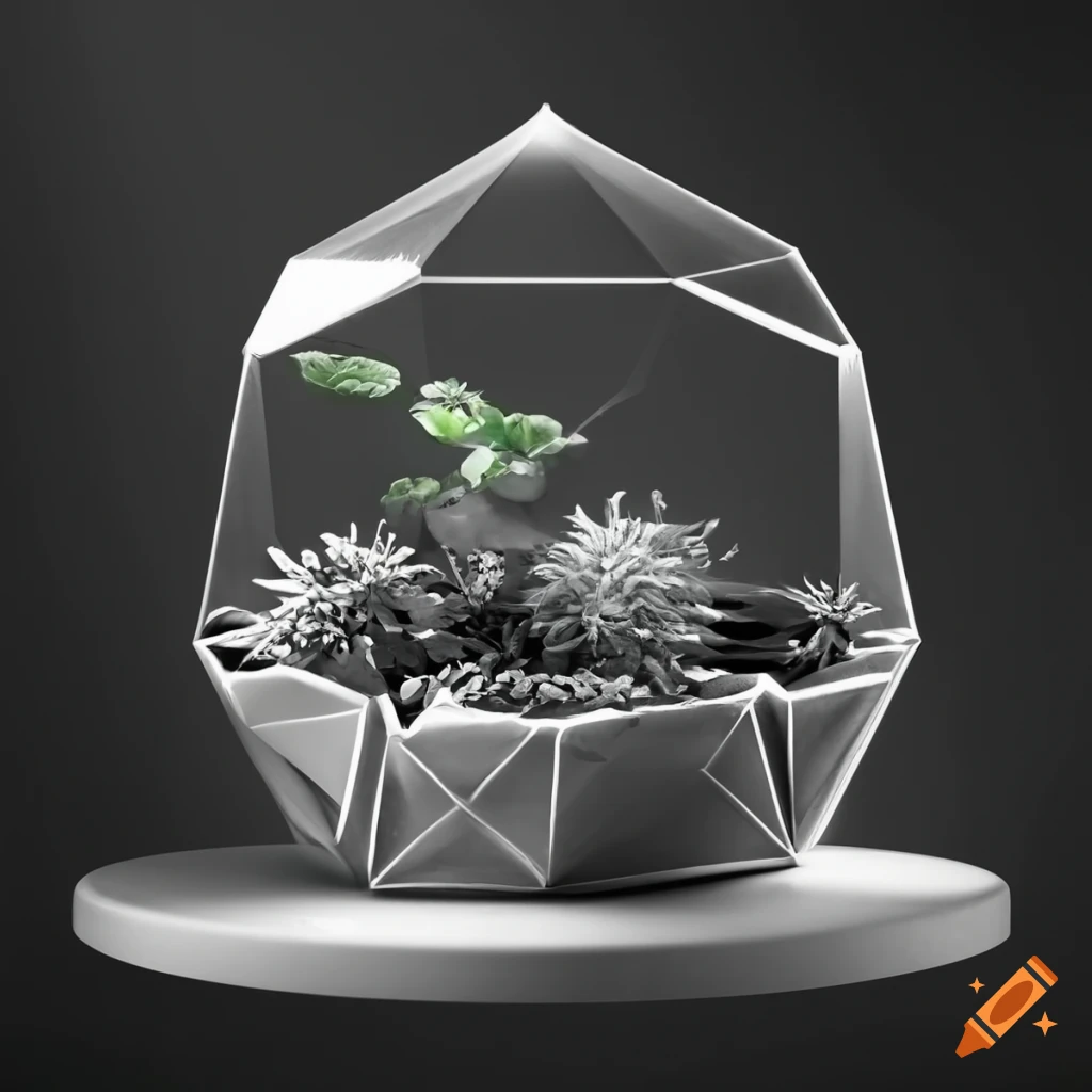 Intricate terrarium with geometrically arranged plants in grayscale on ...