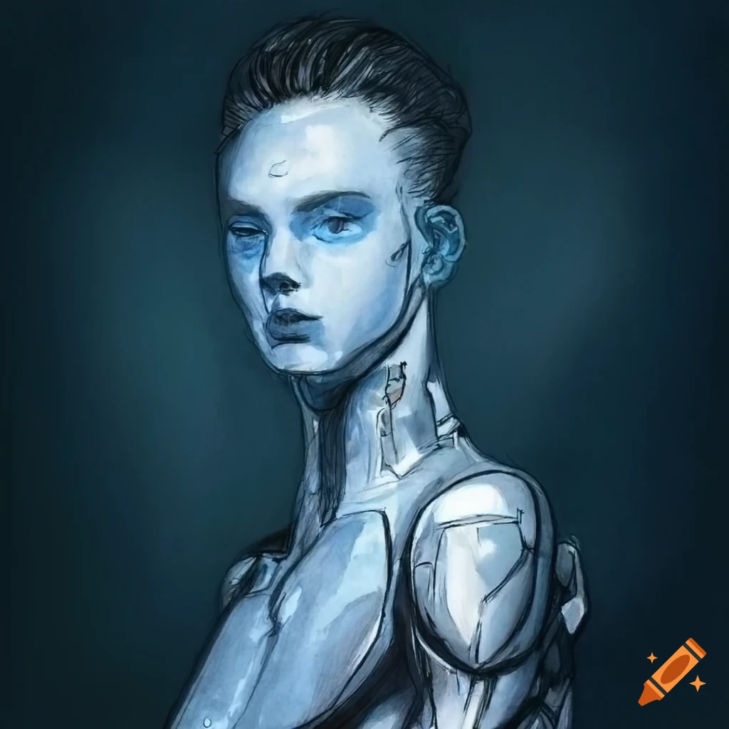 Young man cyborg in high-tech white bodysuit with light azure hair ...