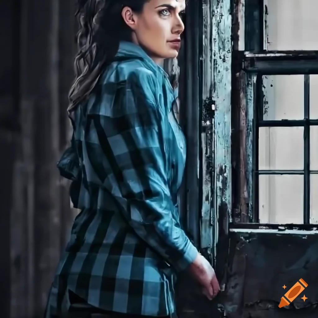 Closeup rear view of actress in plaid shirt and leather trousers ...