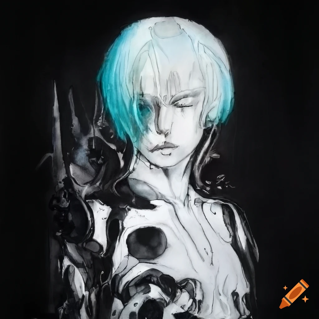 Cyborg man in white high-tech bodysuit with light cyan hair in ...