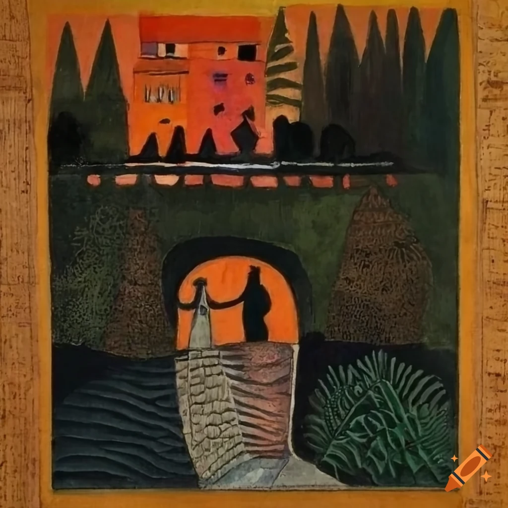 Naive painting of figures and bridge in an urban park with influence ...