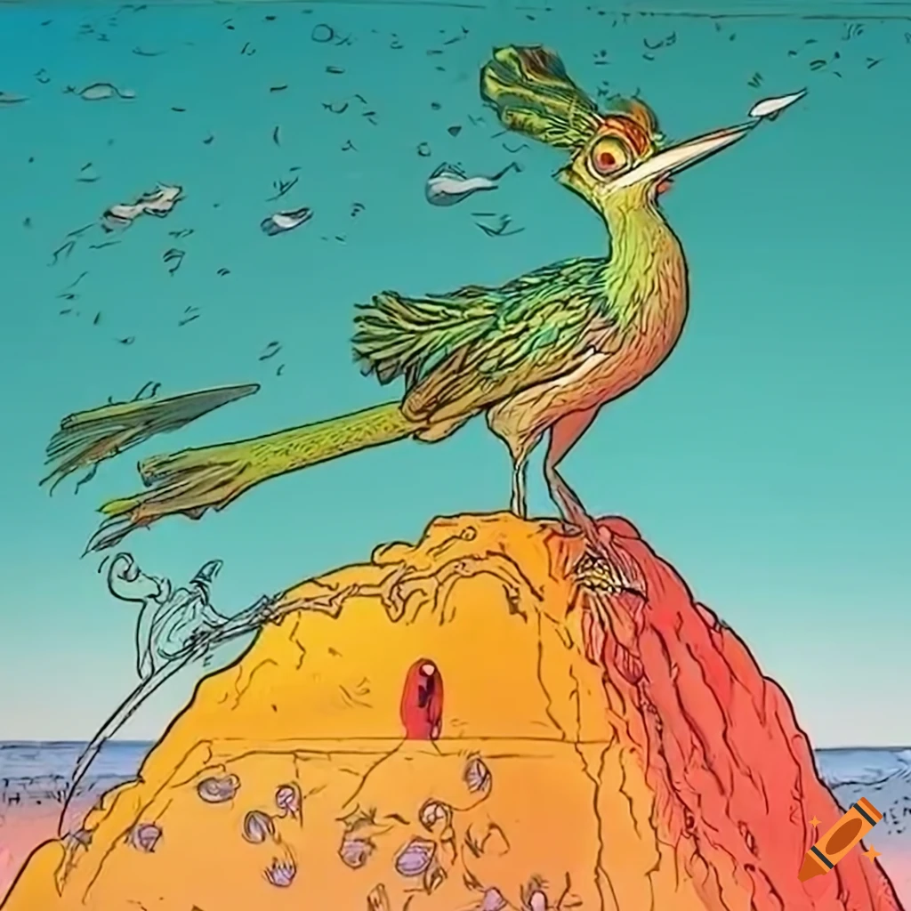 Moebius' surreal green roadrunner bird with rider in colorful detail on ...
