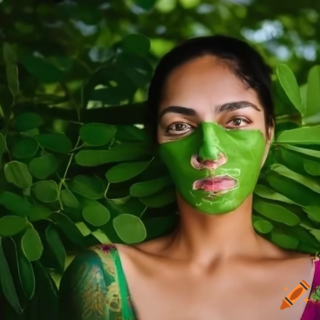 Woman applying natural moringa leaf face mask on Craiyon