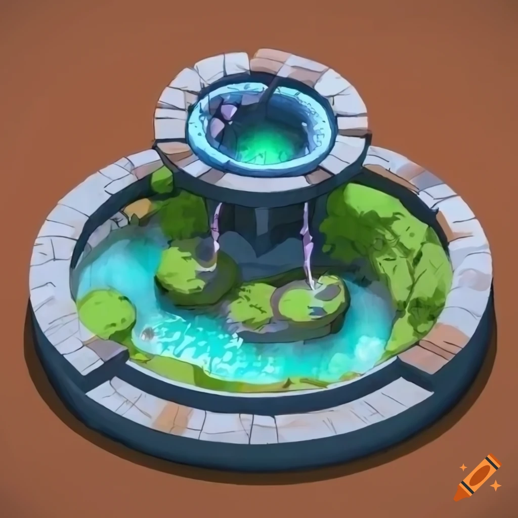 Isometric view of a round stone fountain with mana in a 3D drawing on ...