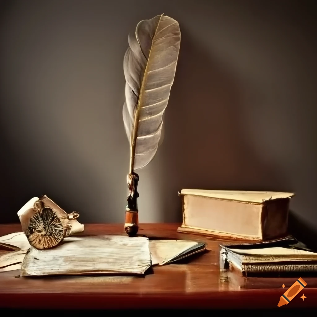 Vintage desk setup with quill pen, theatre mask, papers, and leather ...