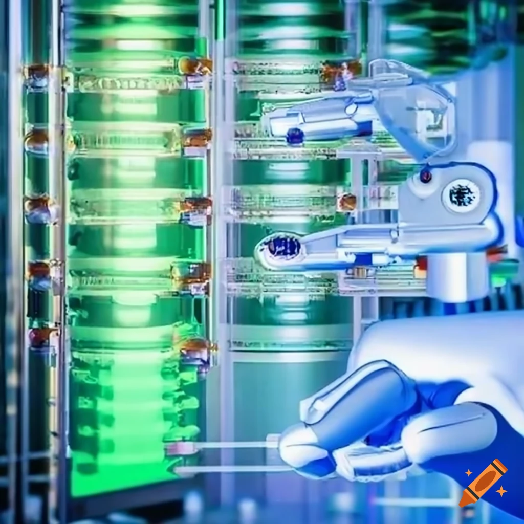 High-tech pharmaceutical manufacturing facility with vials on a filling ...