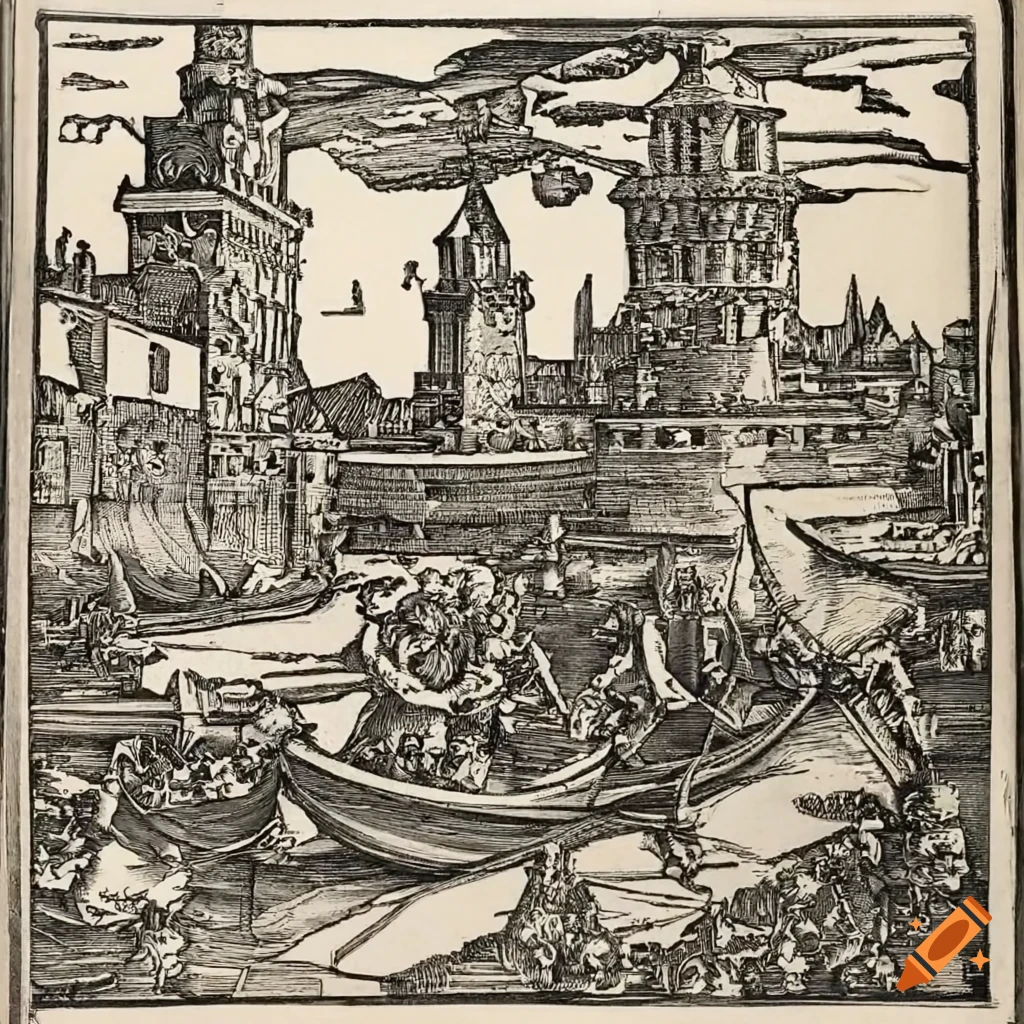 Detailed black and white woodcuts of medieval harbour scenes by ...