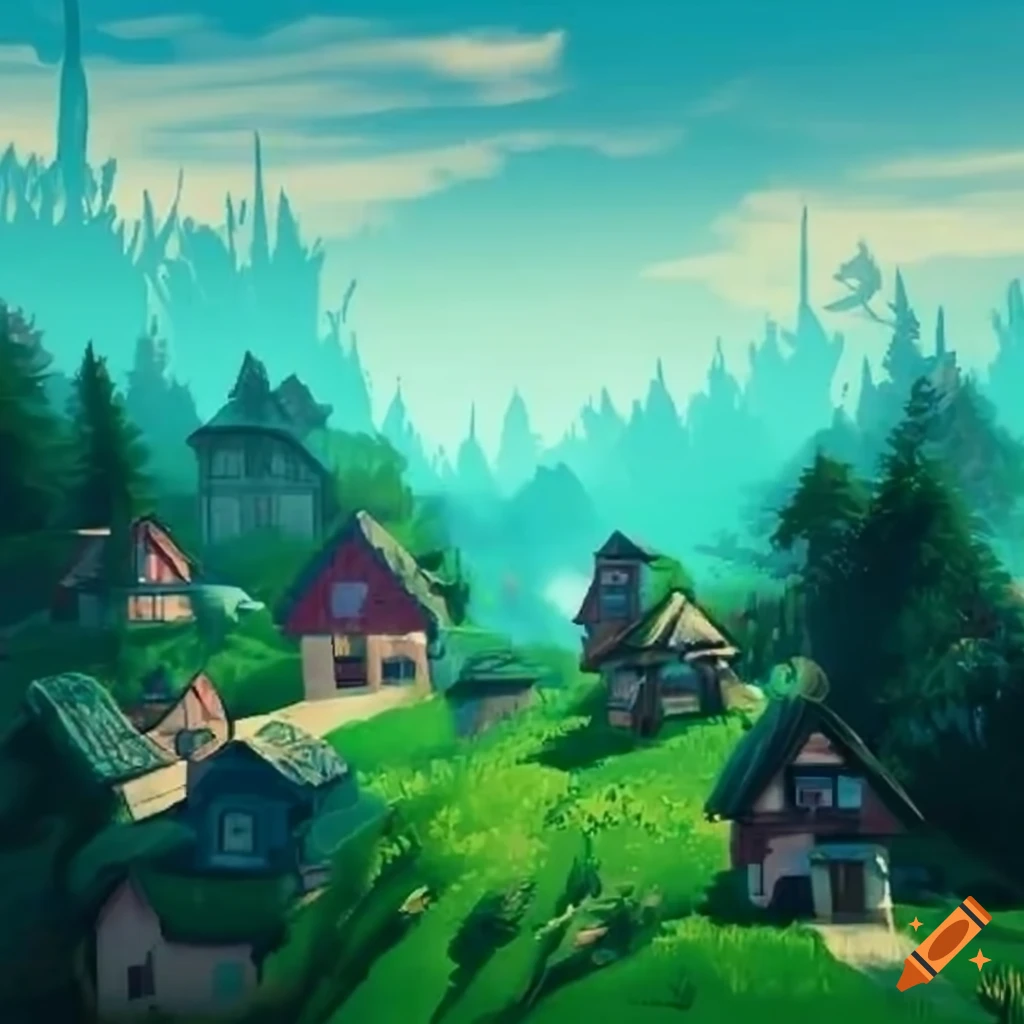 Playstation 2 style art of a village on a forest hilltop on Craiyon