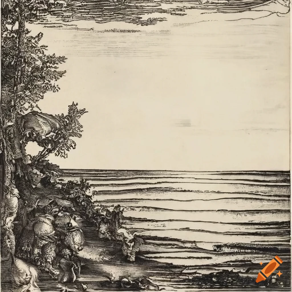 Intricate black and white etching by albrecht dürer of shoreline and ...