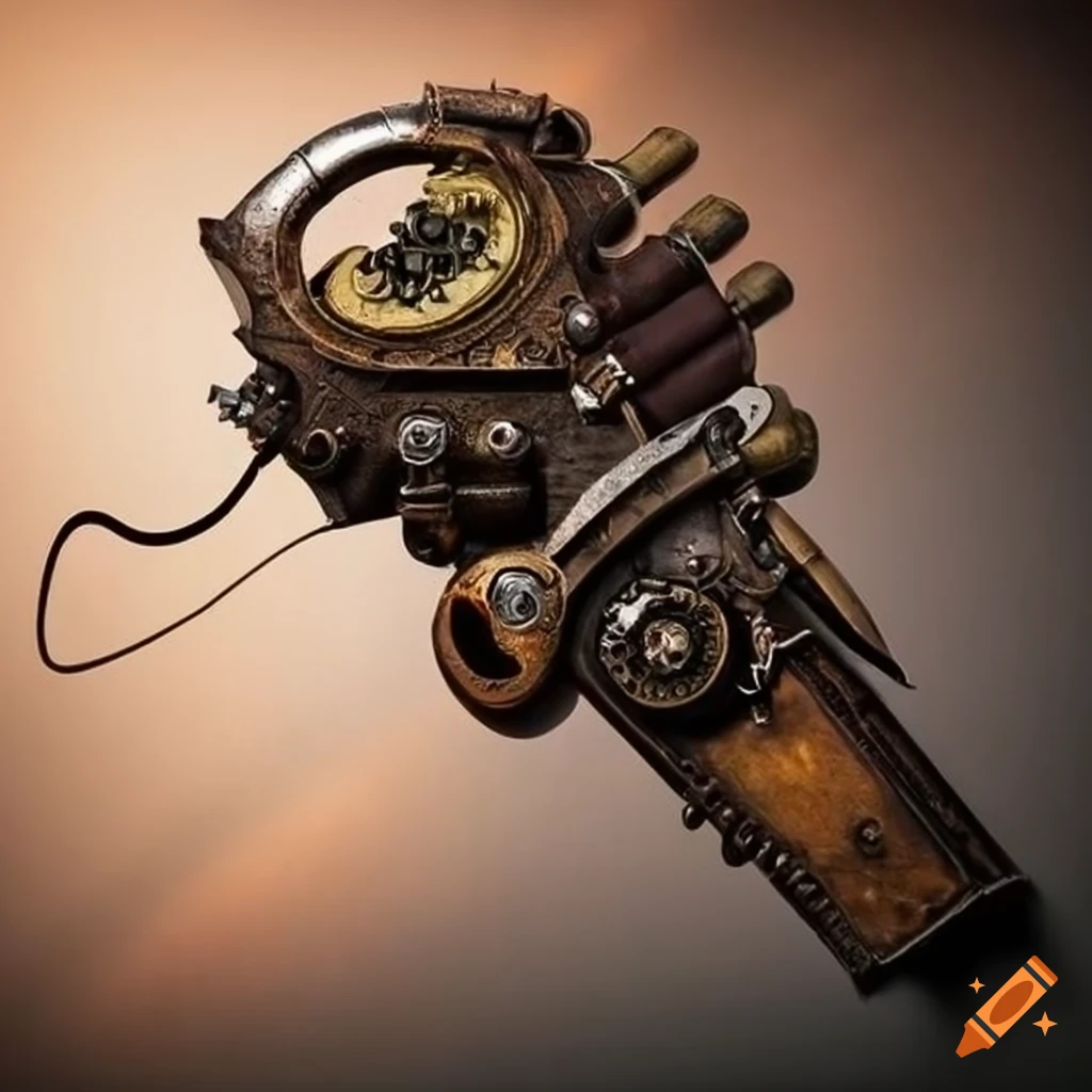 Detailed steampunk-inspired industrial dieselpunk gadget with pliers on ...