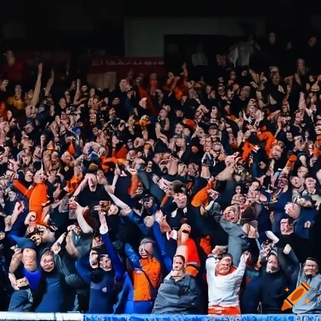 Excited fans celebrating Luton Town Football Club's promotion on Craiyon