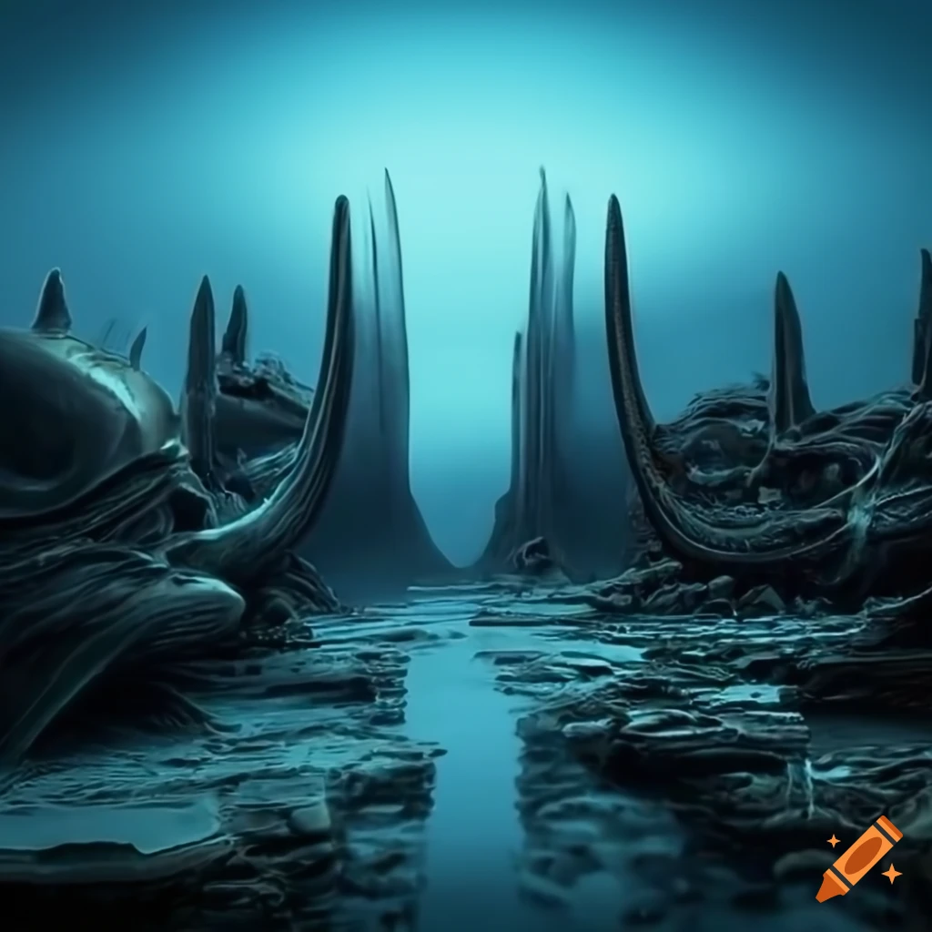Digital landscape with biomechanical elements inspired by H.R. Giger on ...