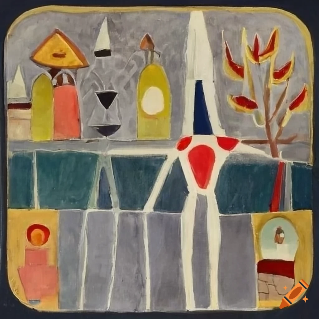 Naive painting of figures and a bridge in an American mall with grey ...