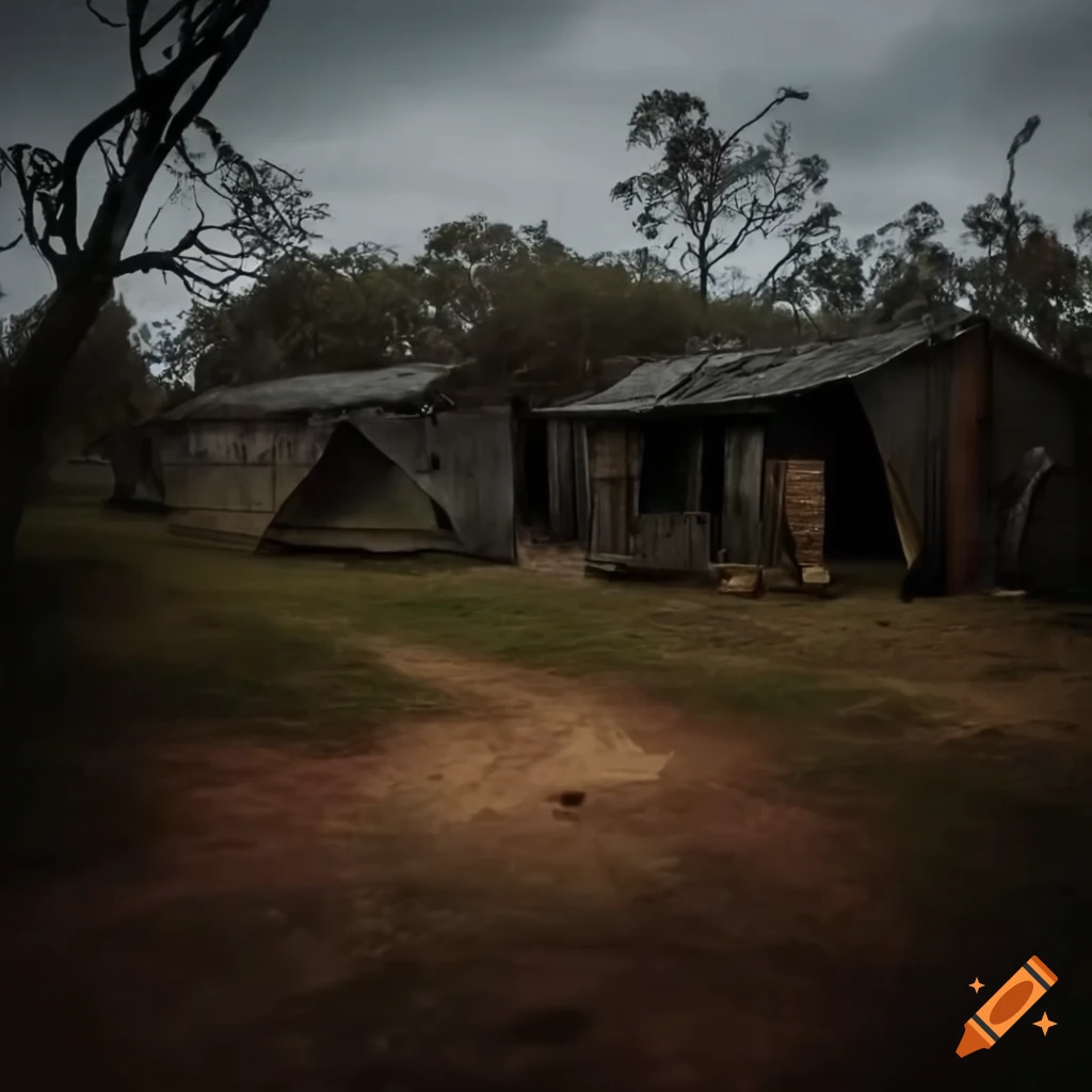 Dystopian colonial outpost on the Australian coast with bushland ...