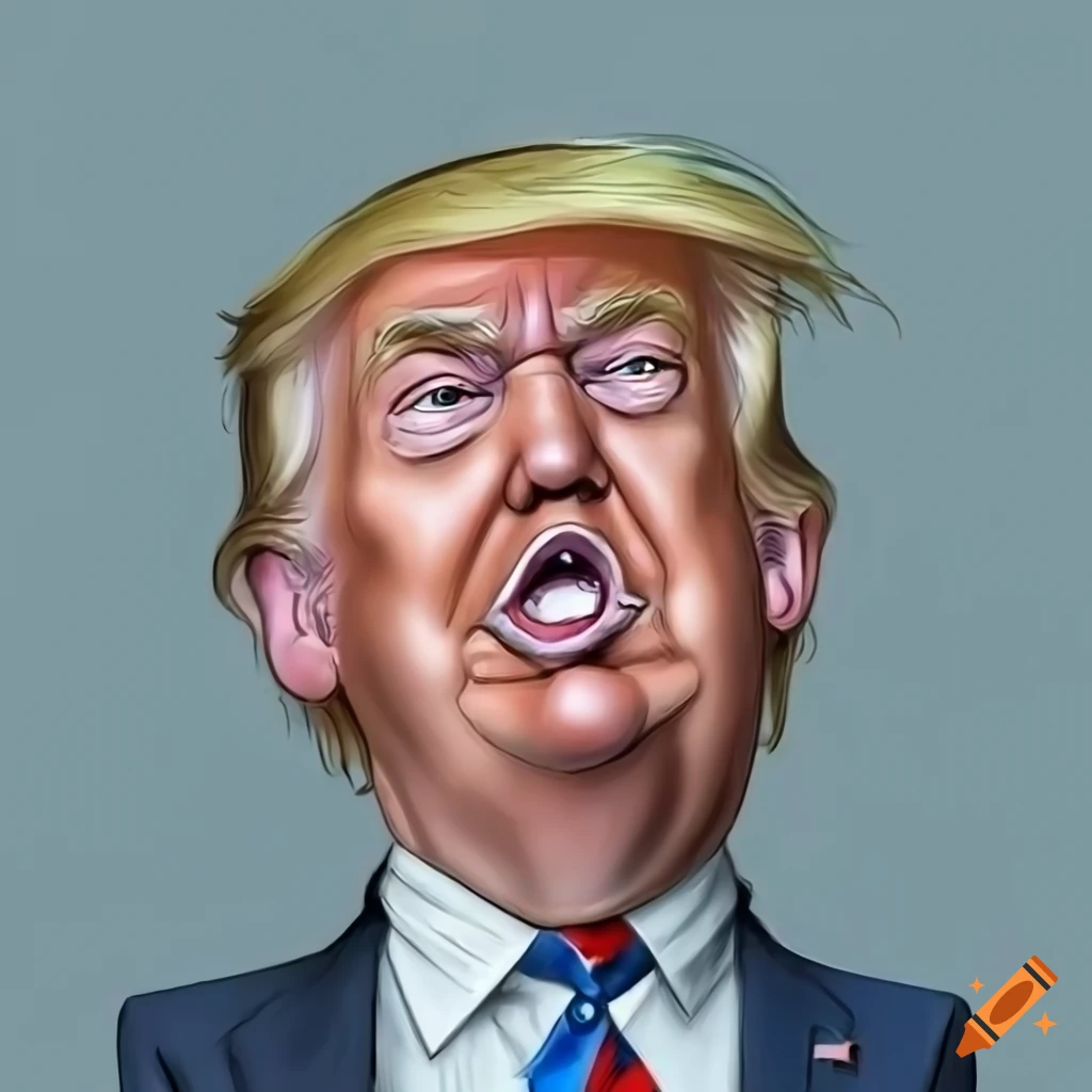 Cartoon caricature of President Trump in iconic poses for satire on Craiyon