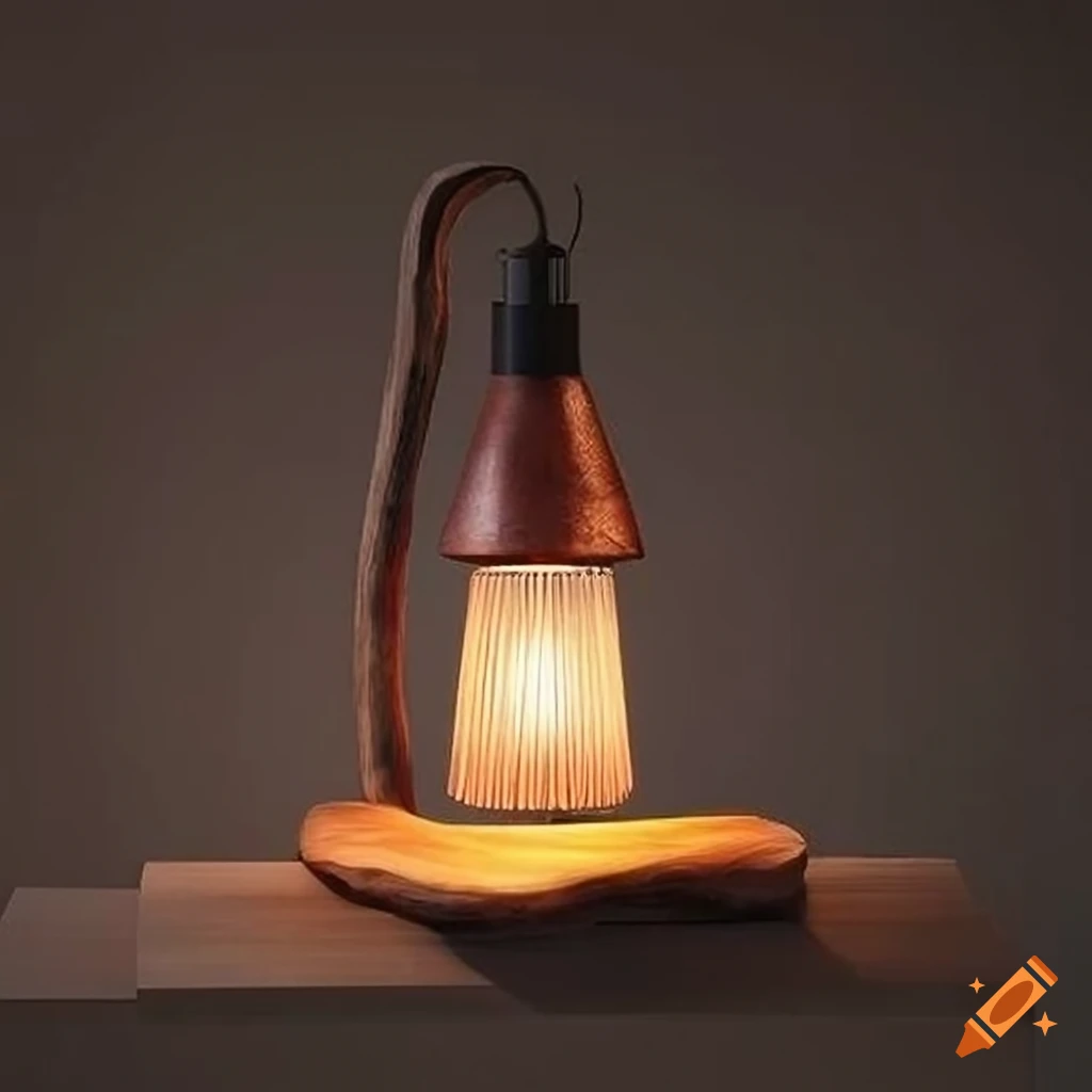 Unique rustic lamp design with live edge wood and LED lighting on Craiyon