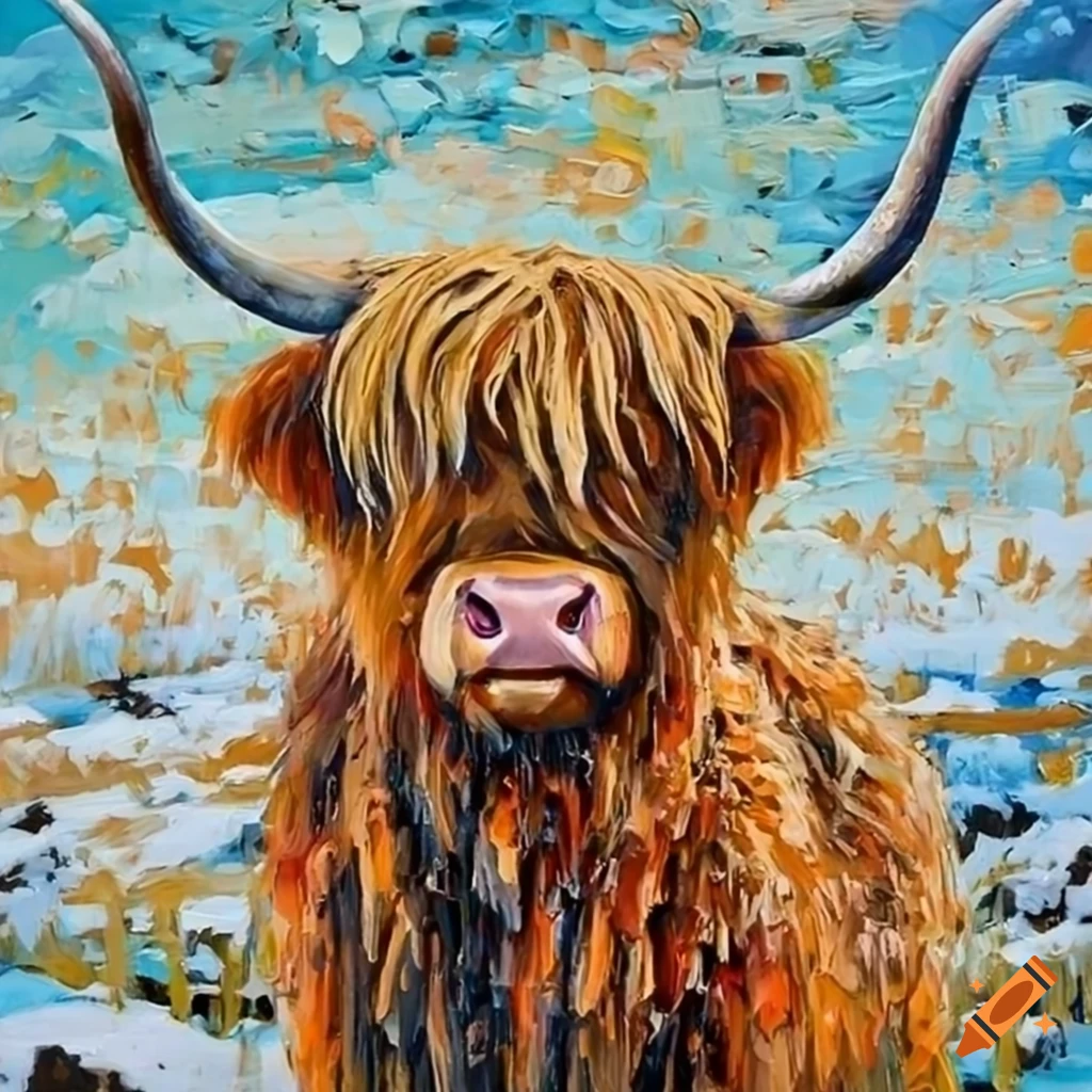 Palette knife painting of highland cows in a snowy meadow on Craiyon