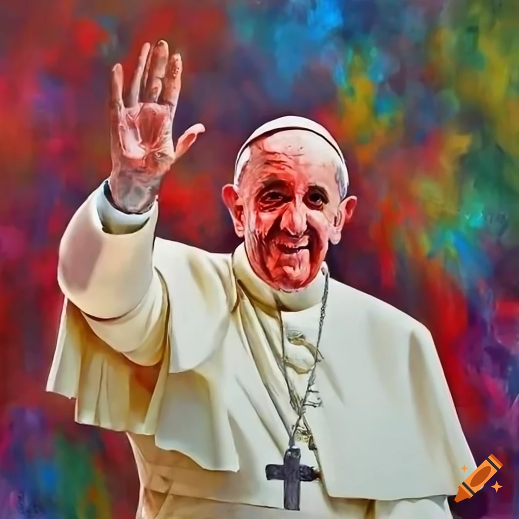 Multi-colored painting of Pope Francis waving his hand on Craiyon