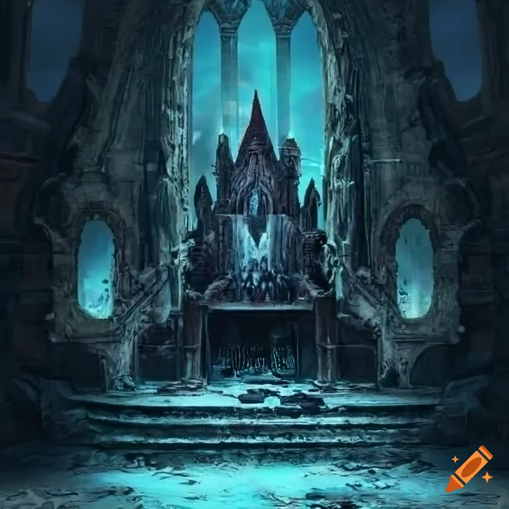 Ruined castle throne room with smashed obsidian throne on Craiyon