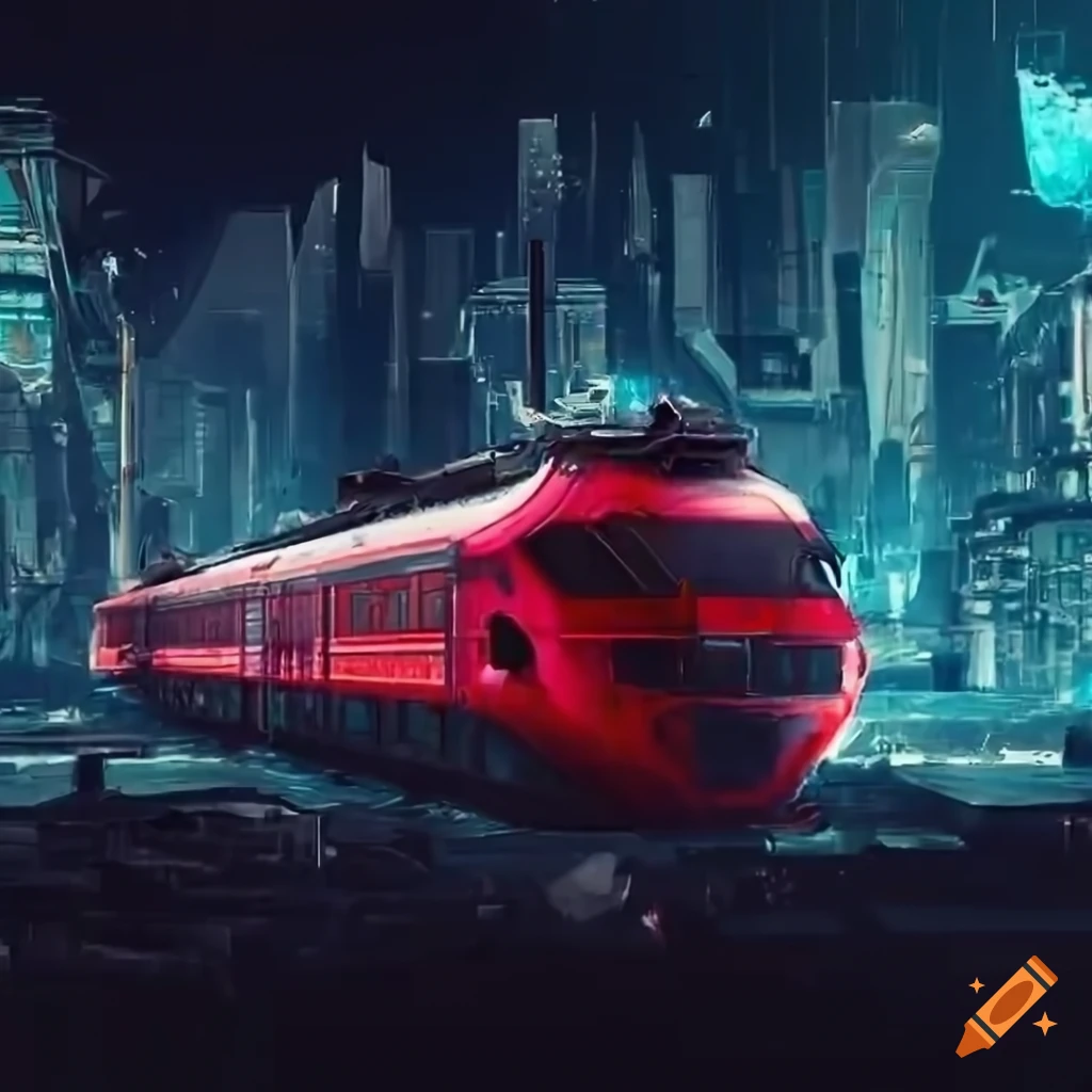 Futuristic locomotive with red highlights in a surreal cityscape on Craiyon