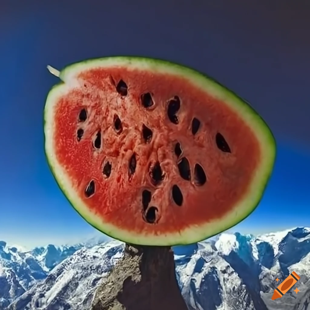 Giant watermelon on Mount Everest in a surreal scene on Craiyon