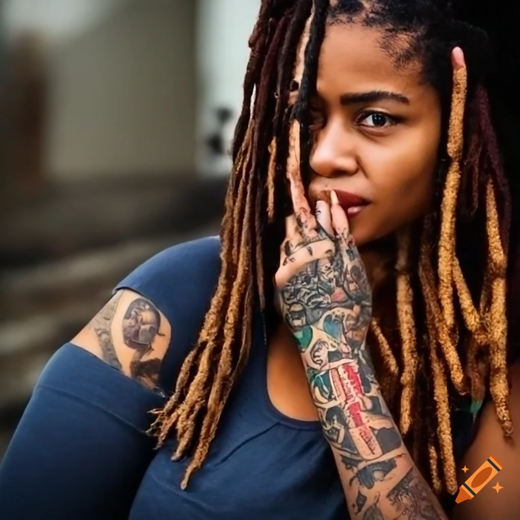 Mixed race black women with dread locs and tattoos in an urban setting ...