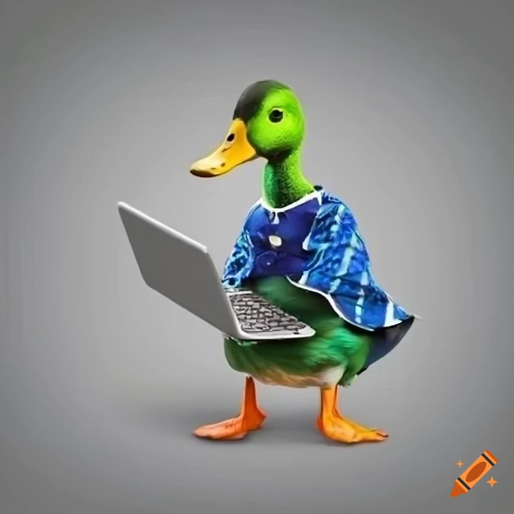 Duck in a shirt standing with a laptop on Craiyon
