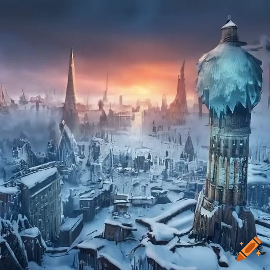 Harsh winter apocalypse city with frozen corpses under darkened sun on ...