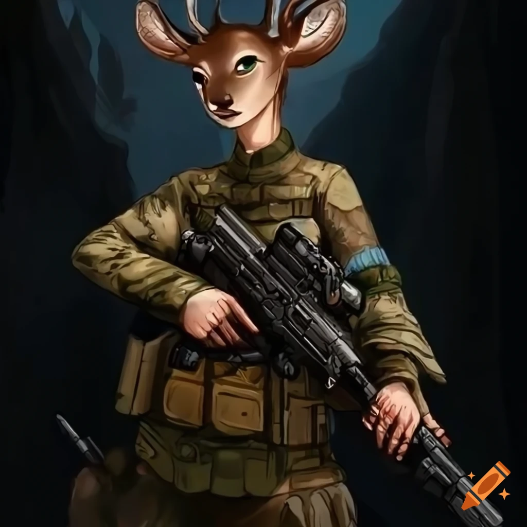 Female soldier with deer head and antlers holding a sub machine gun in ...