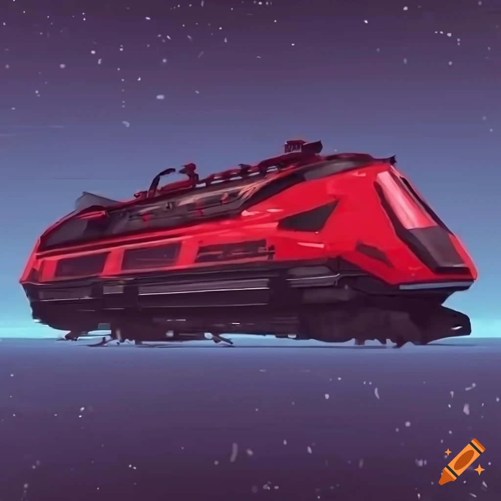 Futuristic locomotive with red highlights in a surreal cityscape on Craiyon