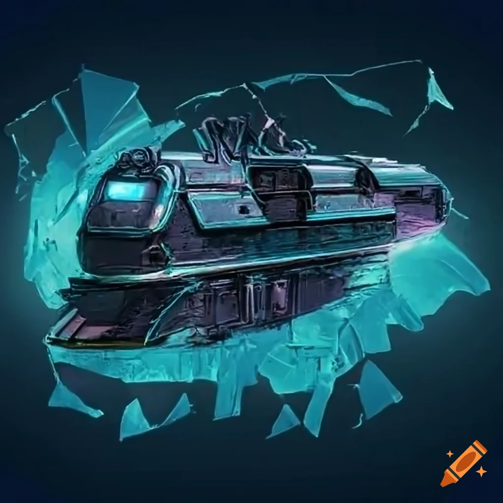 Futuristic locomotive moving over broken glass in a cyberpunk style on Craiyon