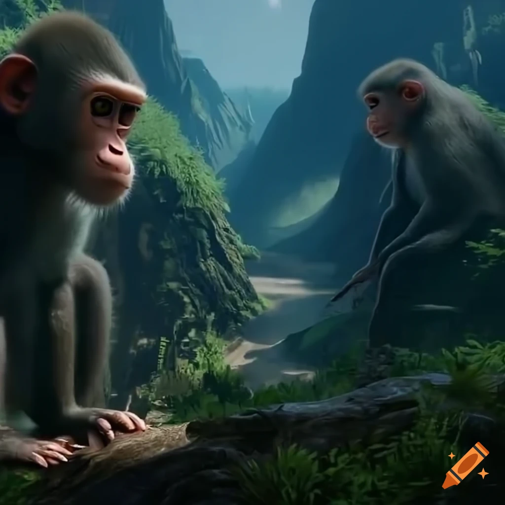 Close-up of a monkey in a grandiose landscape on the Unreal Engine's ...