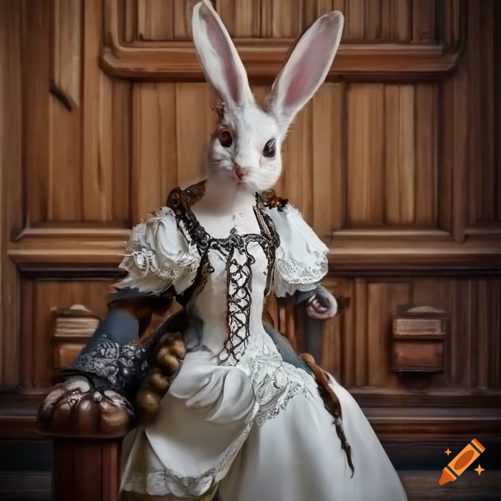 Anthropomorphic white rabbit in Victorian dress in a steampunk setting ...
